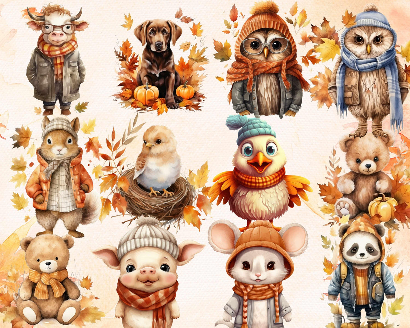 100+ PNG Watercolor Autumn Animal Clipart Bundle, Fall Season Iluustra ...