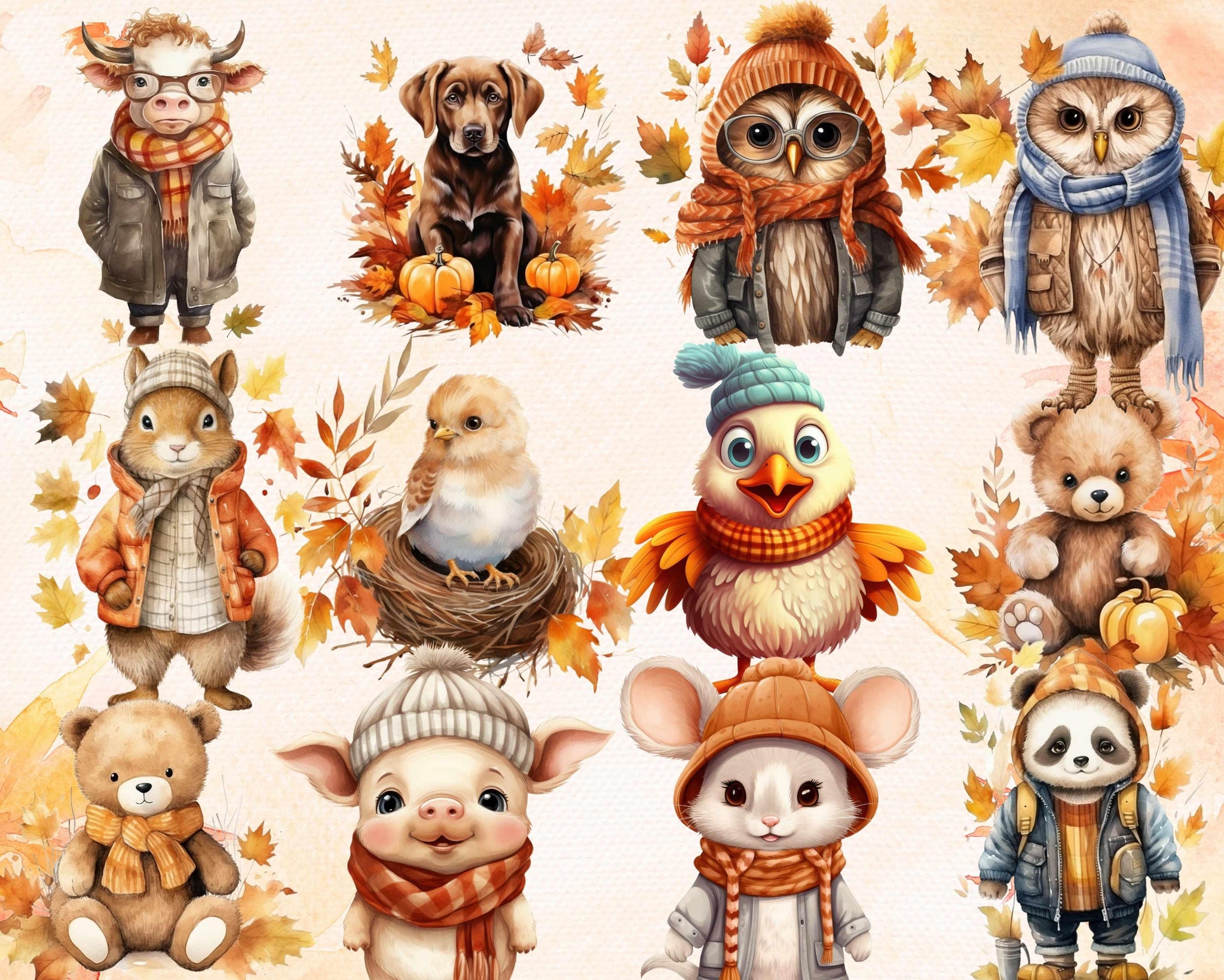 100+ PNG Watercolor Autumn Animal Clipart Bundle, Fall Season Iluustra ...