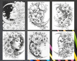 60 Boho Moon Floral Grayscale Adult Coloring Pages Printable PDF Insta ...