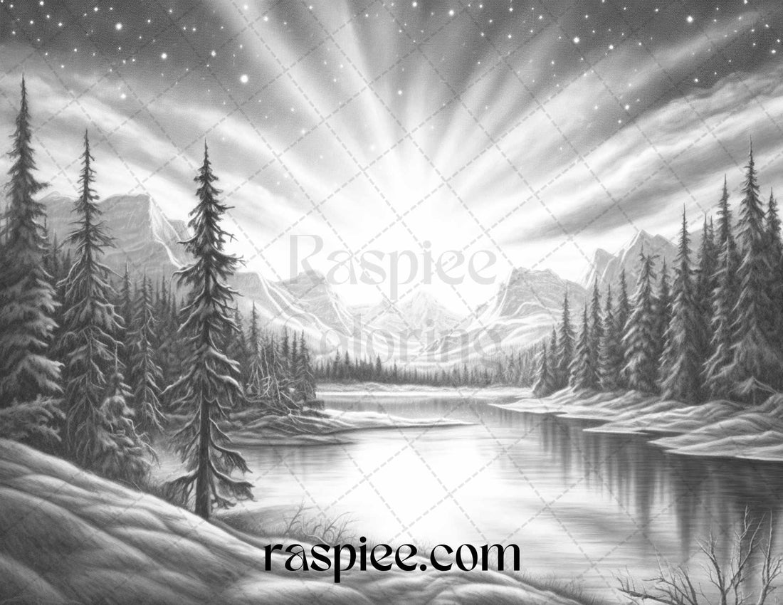Aurora Borealis Landscape Grayscale Coloring Pages for Adults, Printab