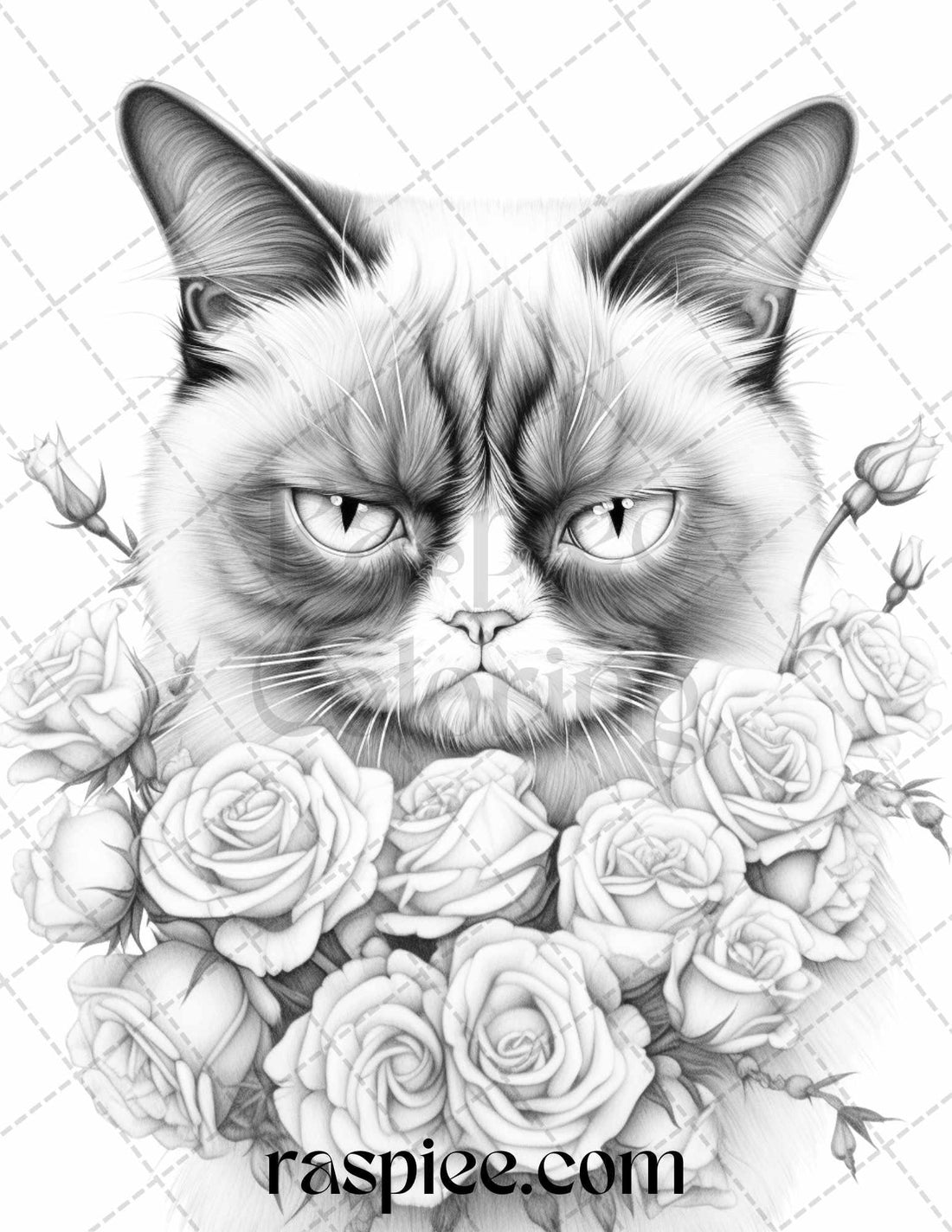 50 Grumpy Cat Grayscale Coloring Pages Printable for Adults, PDF File