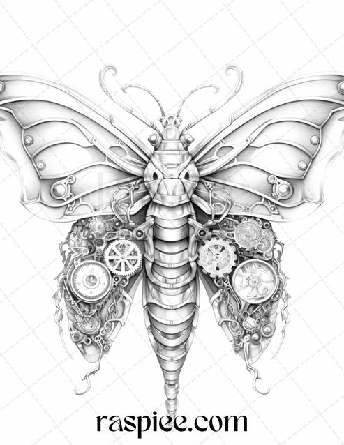 42 Steampunk Bugs Grayscale Coloring Pages Printable for Adults, PDF F