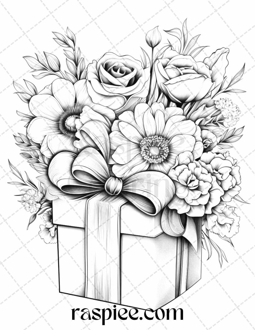 40 Flower Gift Box Grayscale Coloring Pages Printable for Adults Kids,
