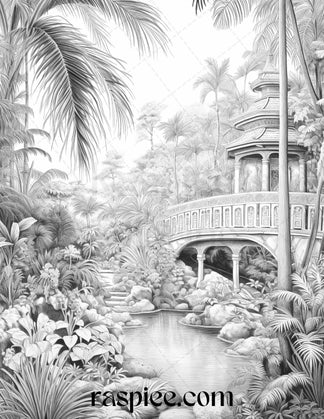 52 Tropical Oasis Grayscale Coloring Pages Printable for Adults, PDF F ...