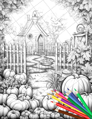 Pumpkin Garden Scenery Grayscale Coloring Pages Printable for Adults ...