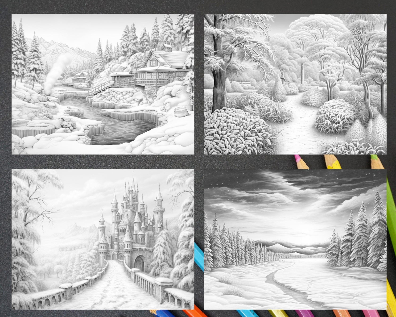 60 Enchanting Winter Landscapes Grayscale Coloring Pages for Adults, I ...