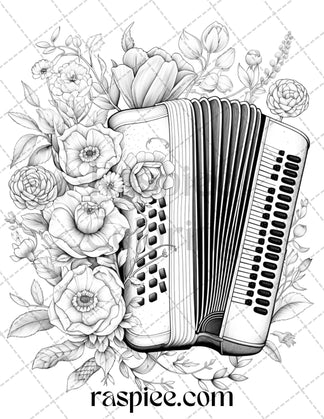 30 Musical Instrument Flower Grayscale Coloring Pages Printable for Ad ...