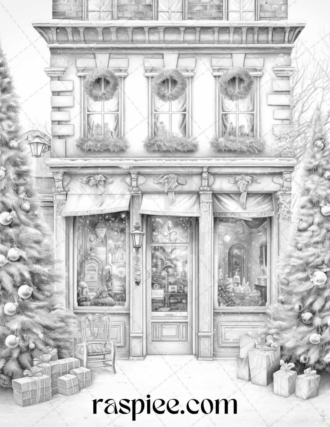 Christmas Store Front Grayscale Coloring Pages for Adults, PDF Printab