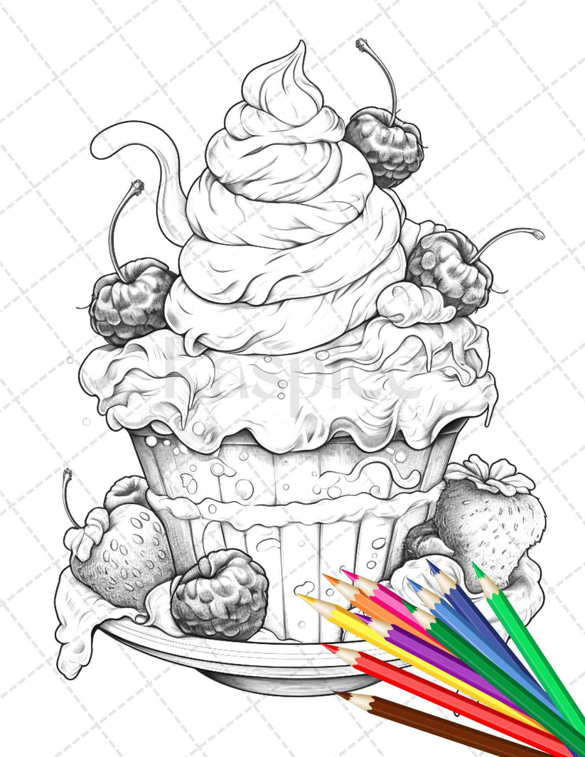 36 Sweet Desserts Coloring Pages Printable for Adults, Grayscale Color