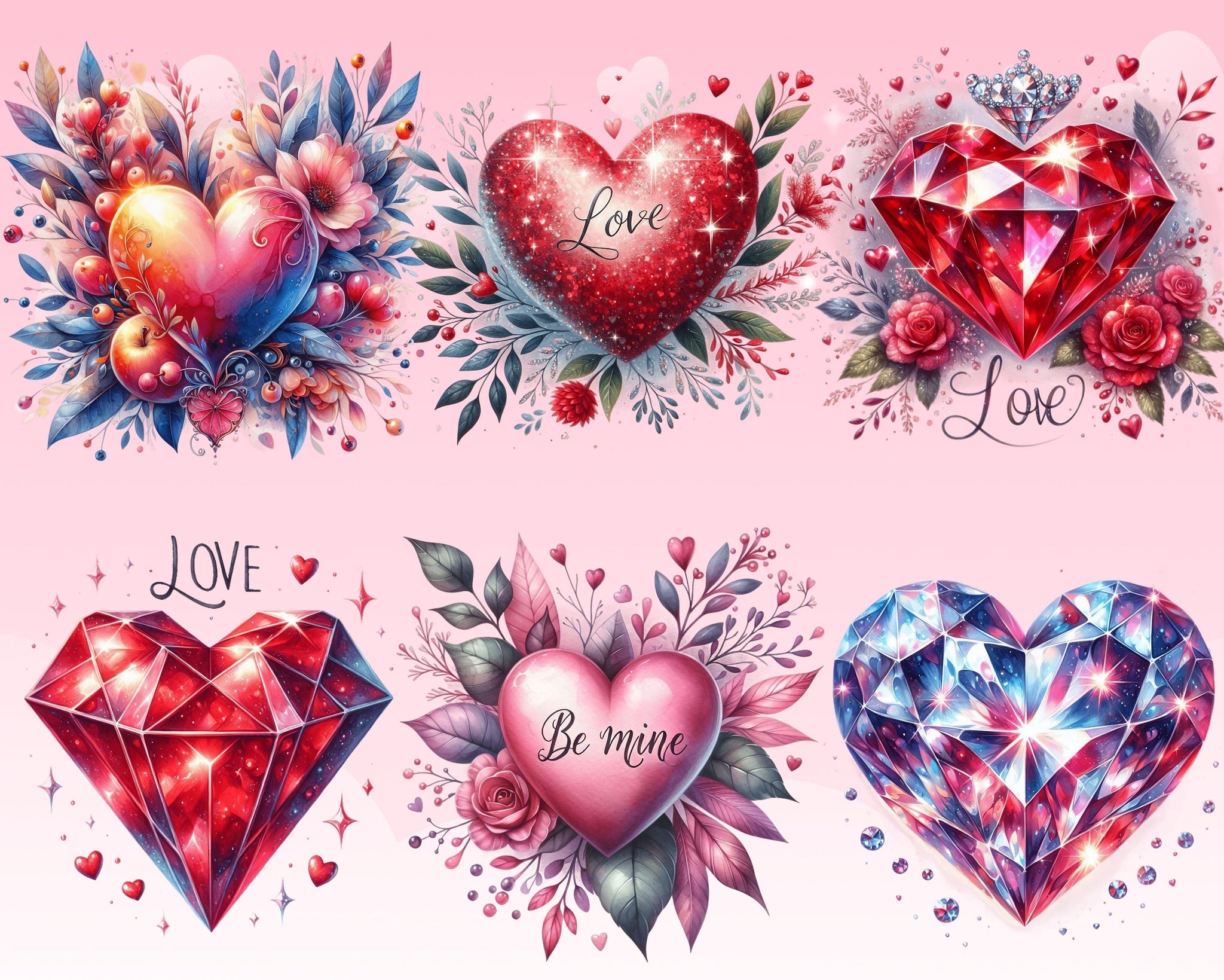 Romantic Valentine Heart Clipart Bundle, 52 PNG High-Res Files for Com ...