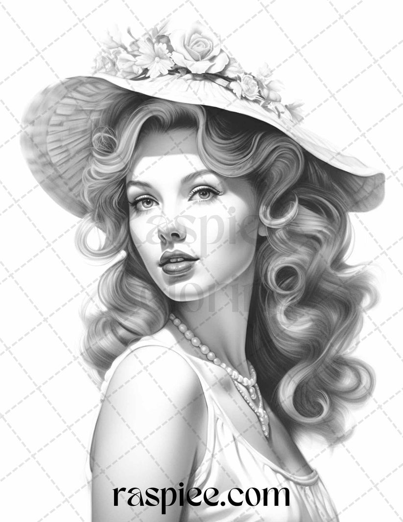 50 Vintage Pin Up Girls Grayscale Coloring Pages Printable for Adults,