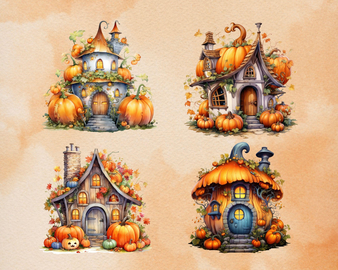 44 PNG Watercolor Pumpkin Fairy House Clipart, Autumn Halloween Illust