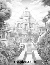 Hanging Gardens of Babylon Grayscale Coloring Pages Printable, PDF Fil ...