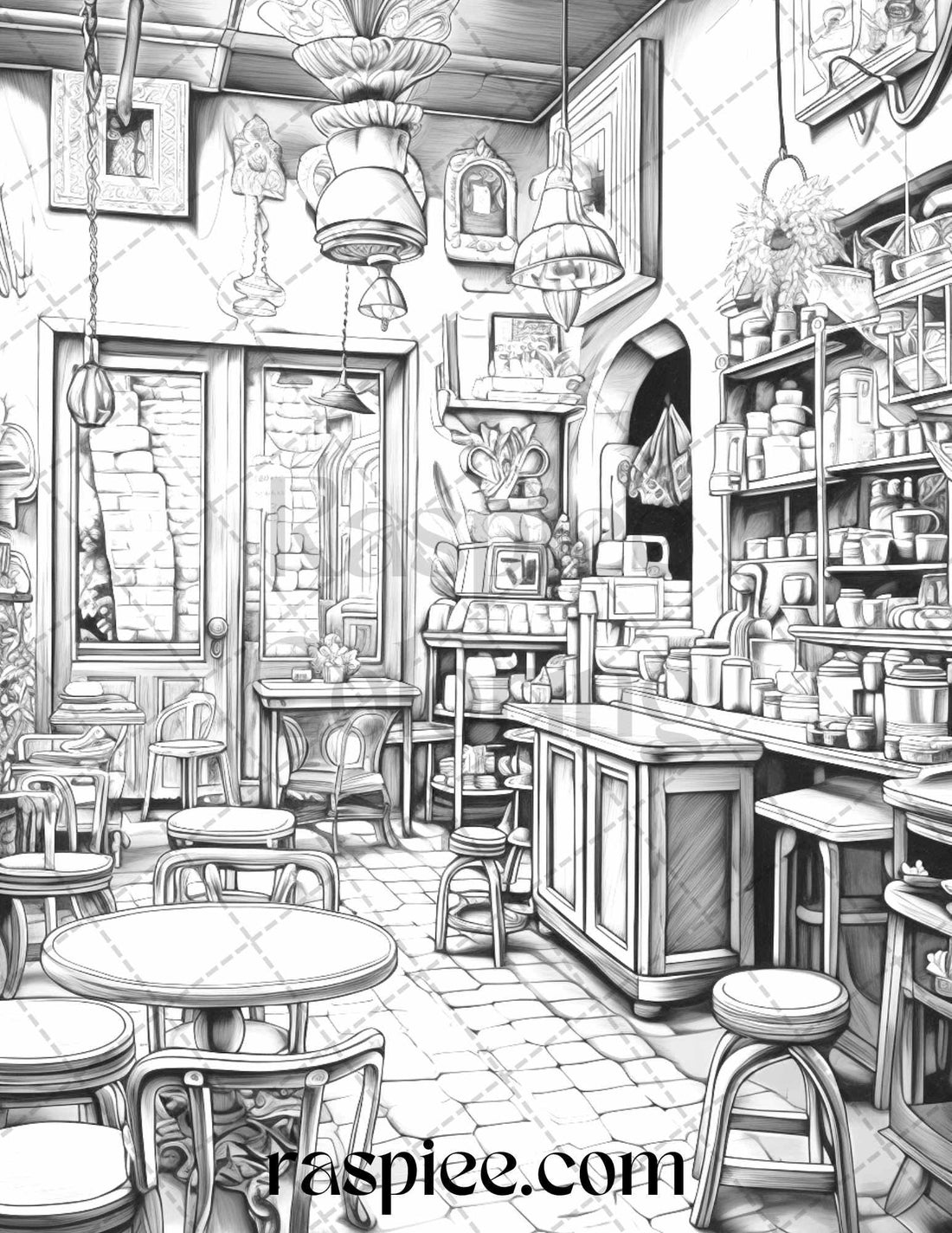 50 Cozy Coffee Shop Grayscale Coloring Pages Printable for Adults, PDF