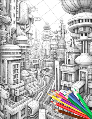 50 Futuristic Metropolis Grayscale Coloring Pages Printable for Adults ...