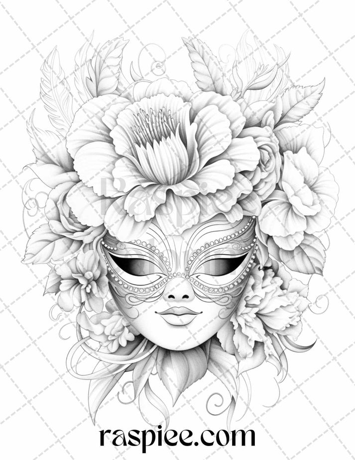 40 Masquerade Masks Grayscale Coloring Pages Printable for Adults, PDF