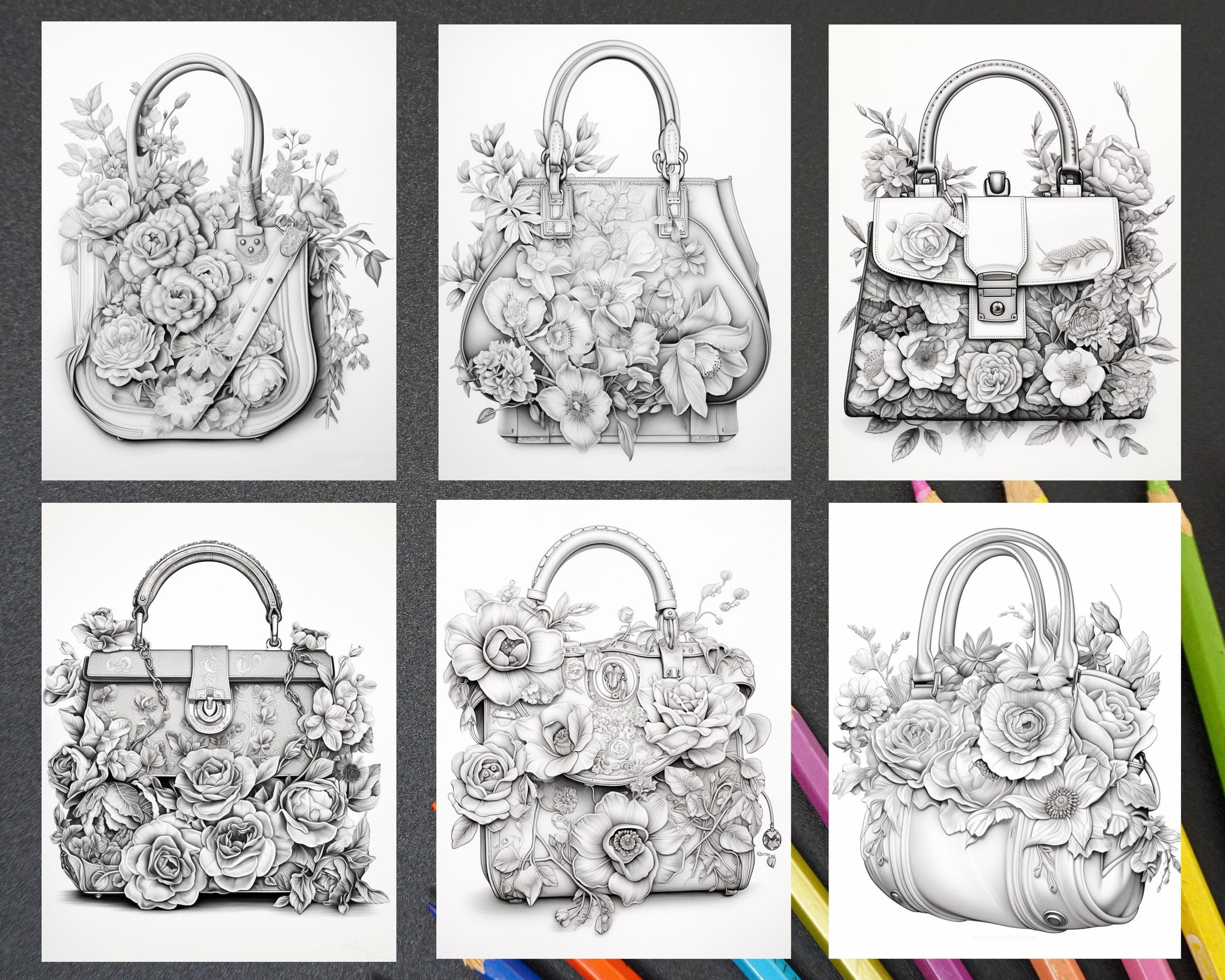 50 Floral Handbags Grayscale Coloring Pages for Adults, Printable PDF ...