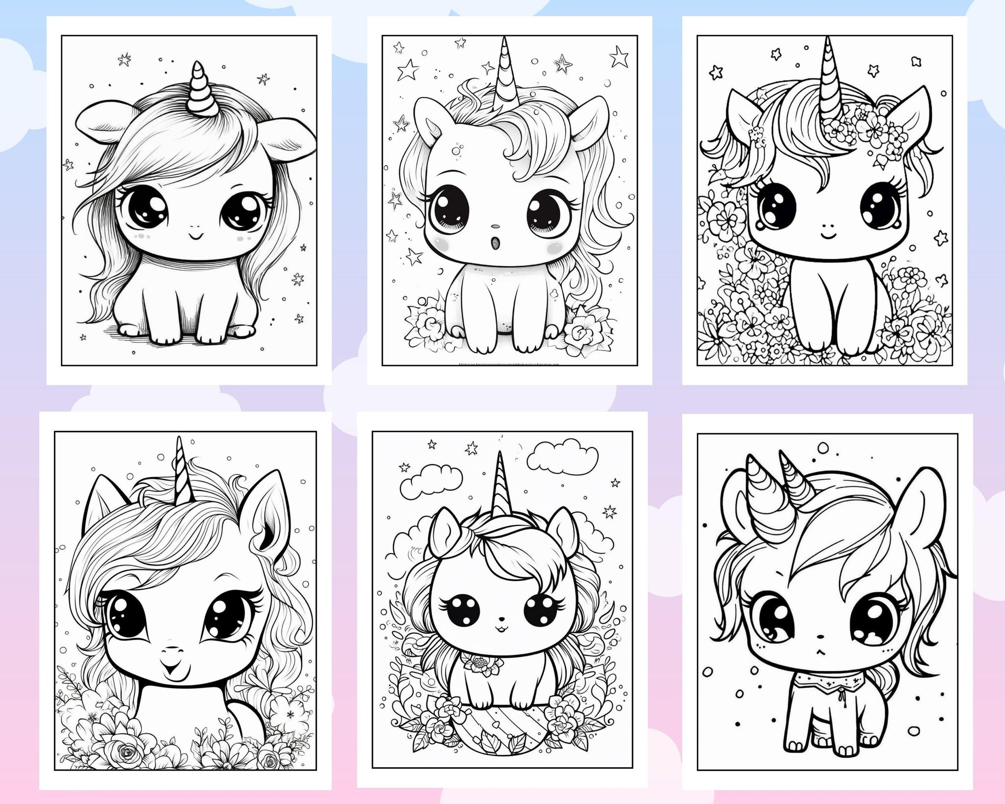 150 Adorable Kawaii Unicorn Printable Coloring Pages for Kids, Printab ...