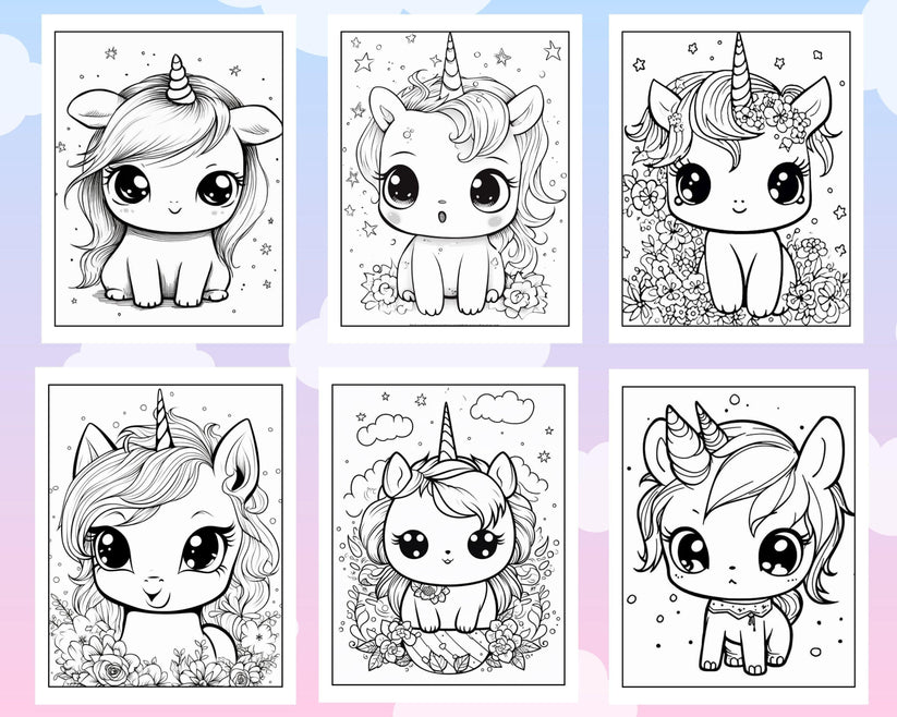 150 Adorable Kawaii Unicorn Printable Coloring Pages for Kids, Printab ...