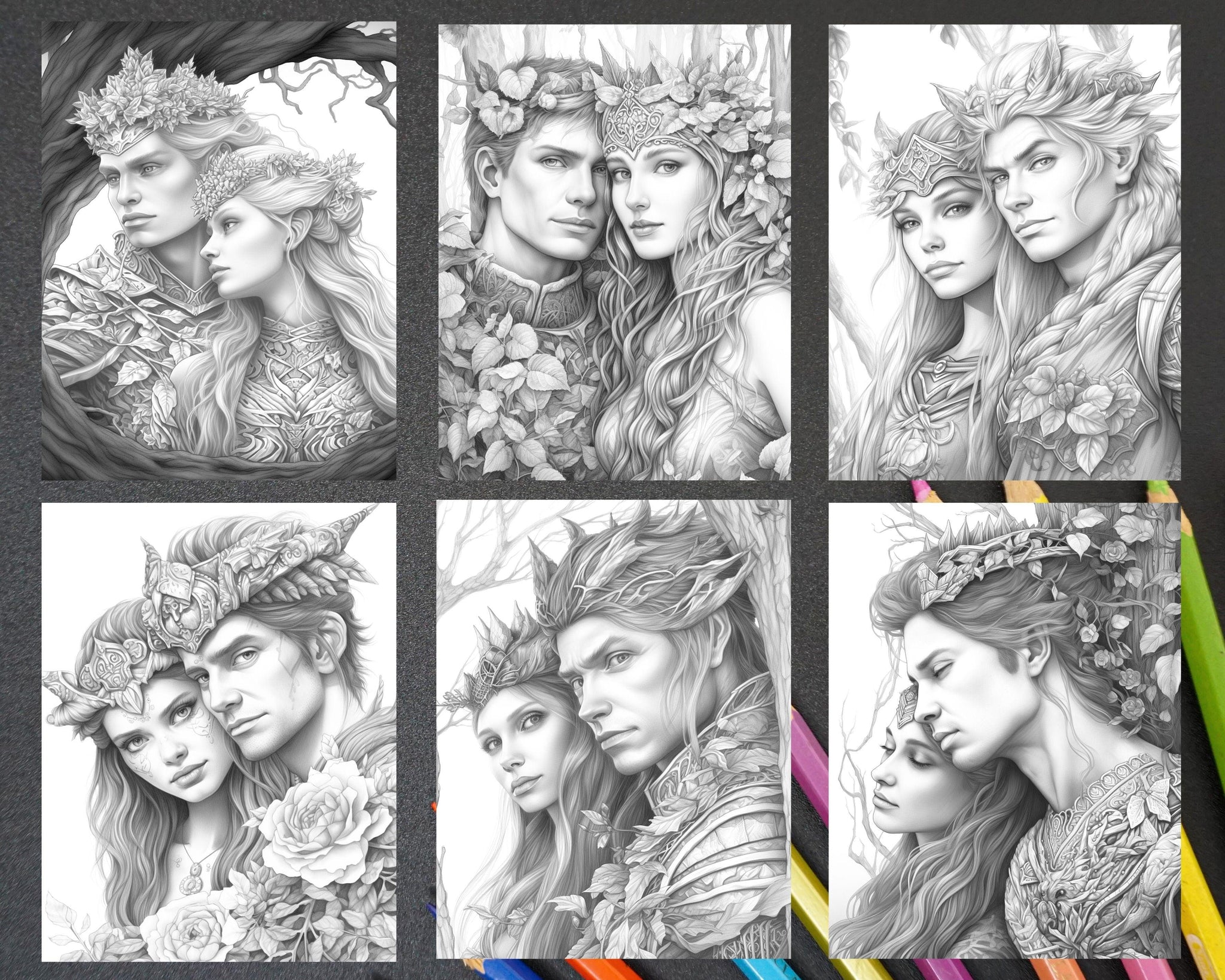 50 Fantasy Forest Elves Grayscale Coloring Pages for Adults, Printable ...