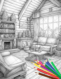Cozy Cabin Interior Grayscale Coloring Pages Printable for Adults, PDF ...
