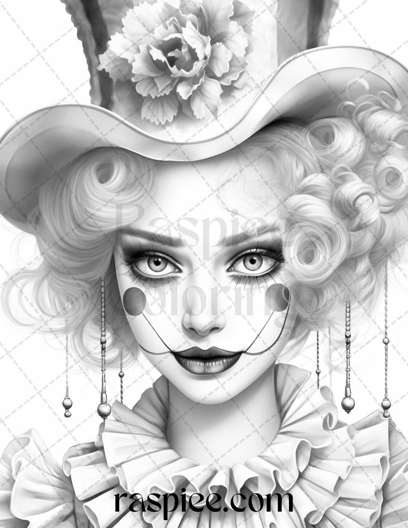 42 Beautiful Clown Girls Grayscale Coloring Pages Printable for Adults