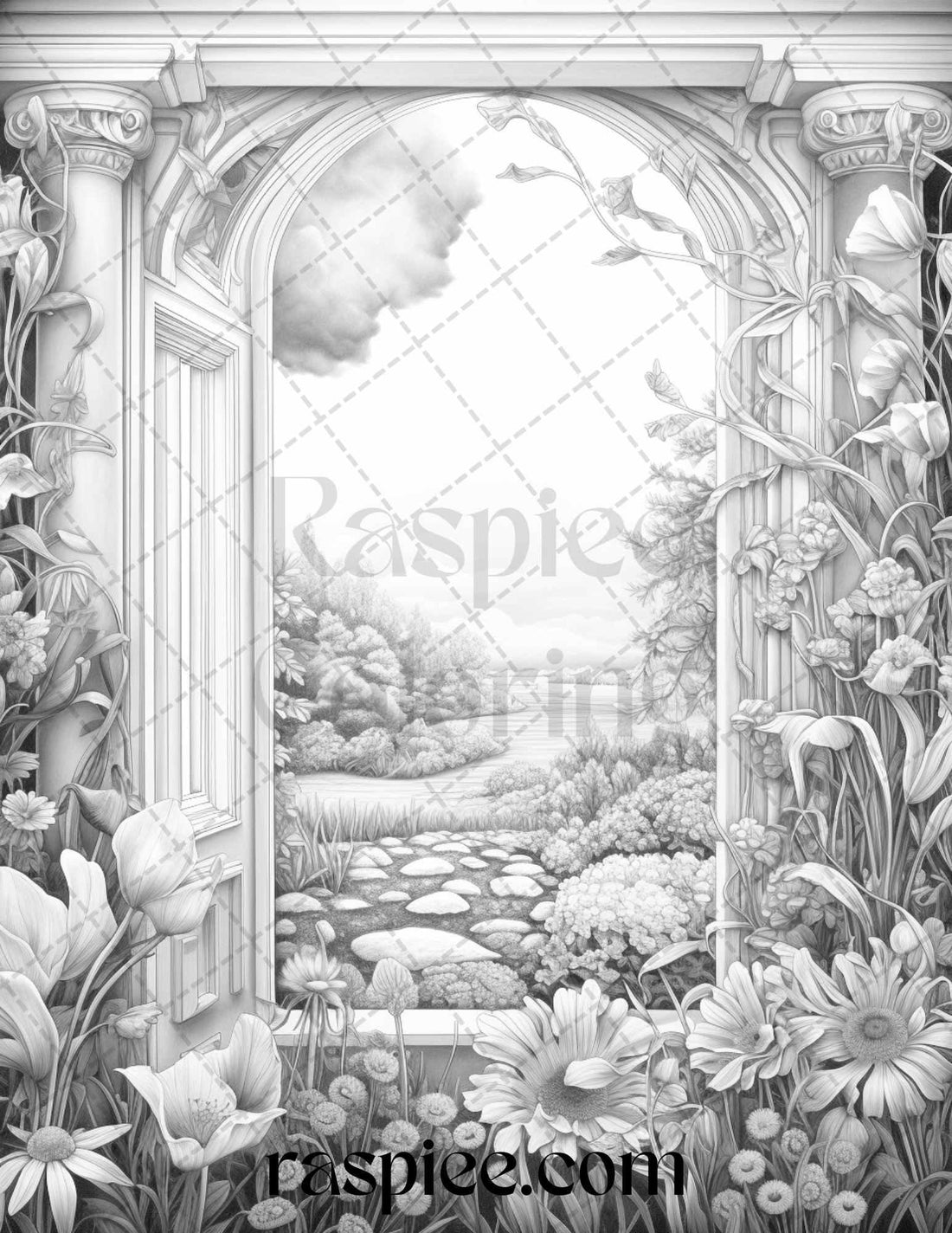40 Window to Fantasy Worlds Grayscale Coloring Pages Printable for Adu