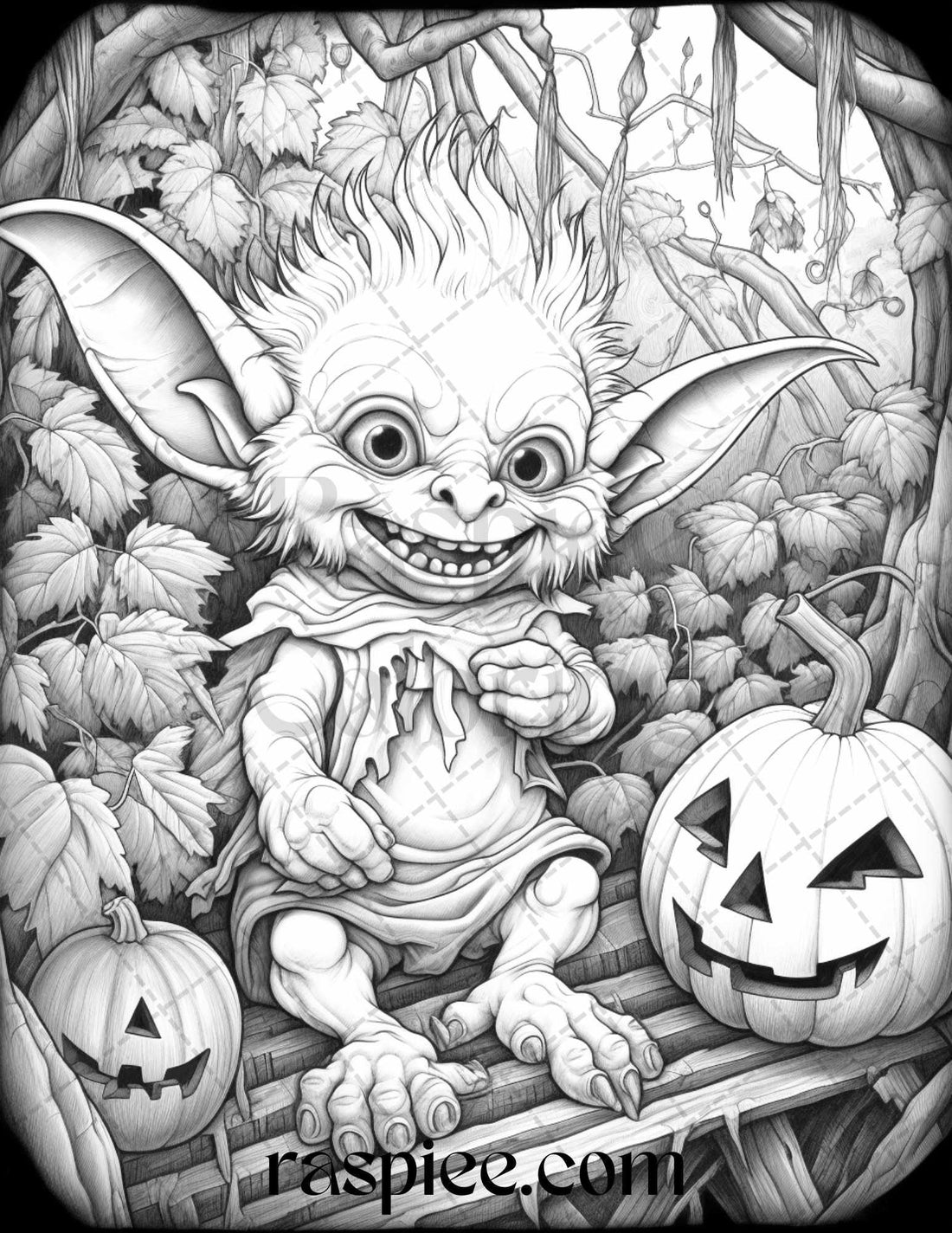 50 Halloween Goblin Grayscale Coloring Pages Printable for Adults, PDF