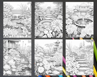 60 Zen Garden Flowers Grayscale Coloring Pages for Adults, Printable P ...