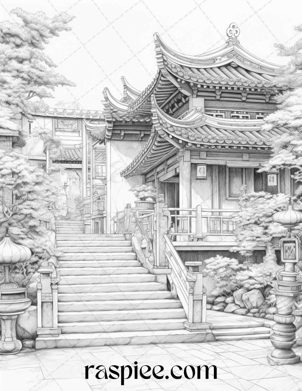 40 Traditional Chinese Houses Grayscale Coloring Pages Printable for A