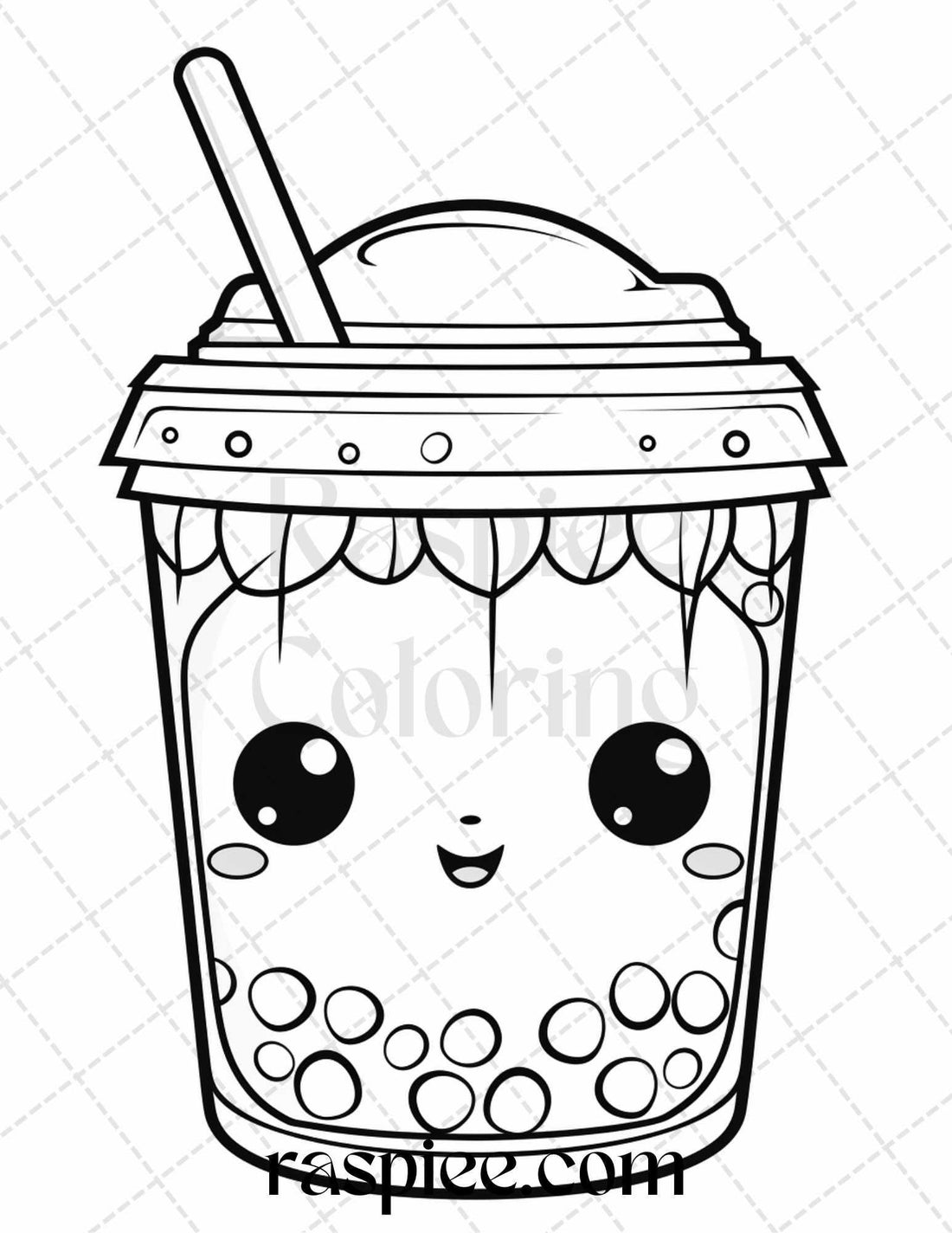 50 Cute Kawaii Boba Tea Grayscale Coloring Pages for Adults and Kids,