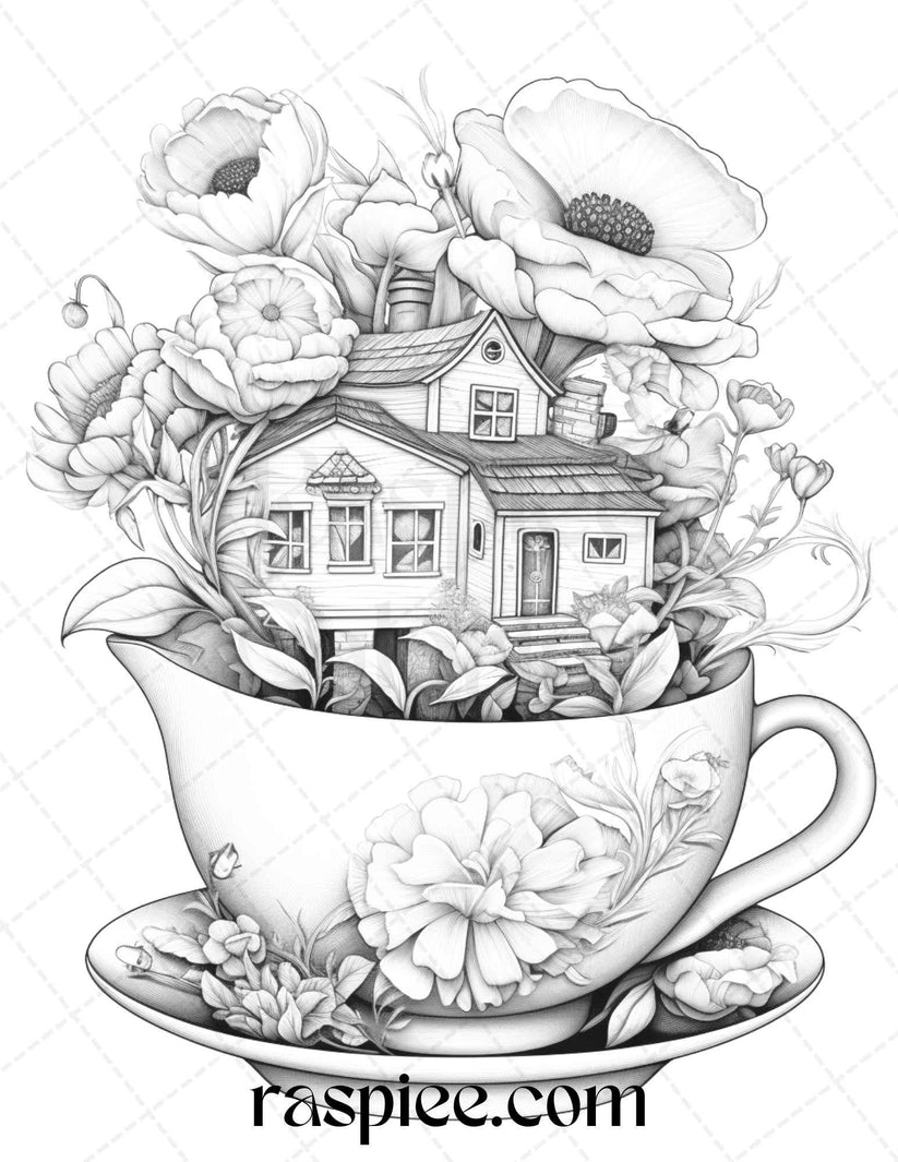 40 Flower Teacup Fairy Houses Grayscale Coloring Pages Printable for A