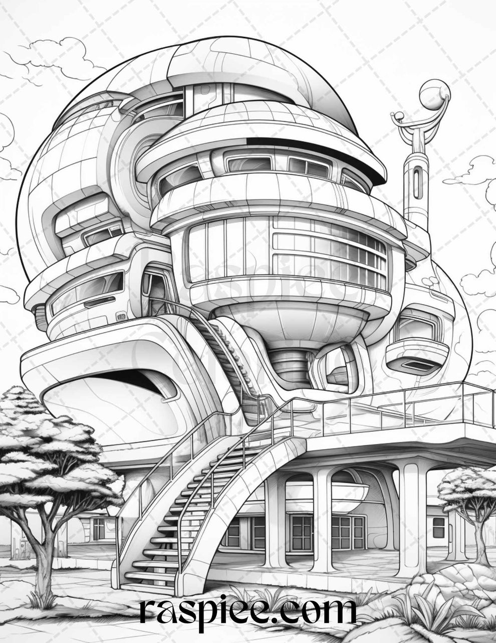 43 Futuristic Houses Grayscale Coloring Pages Printable for Adults, PD
