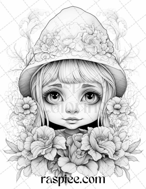50 Flower Gnomes Grayscale Coloring Pages Printable for Adults Kids, P