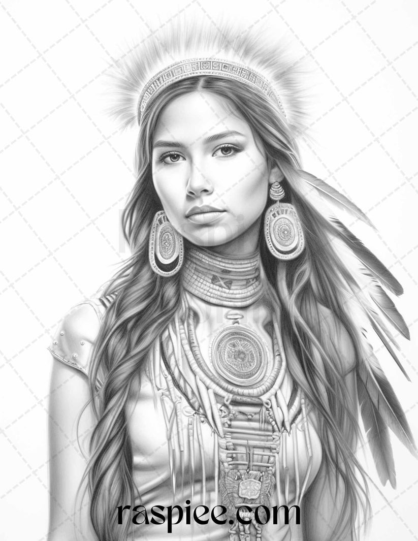 Native American Portrait Grayscale Coloring Pages Printable for Adults