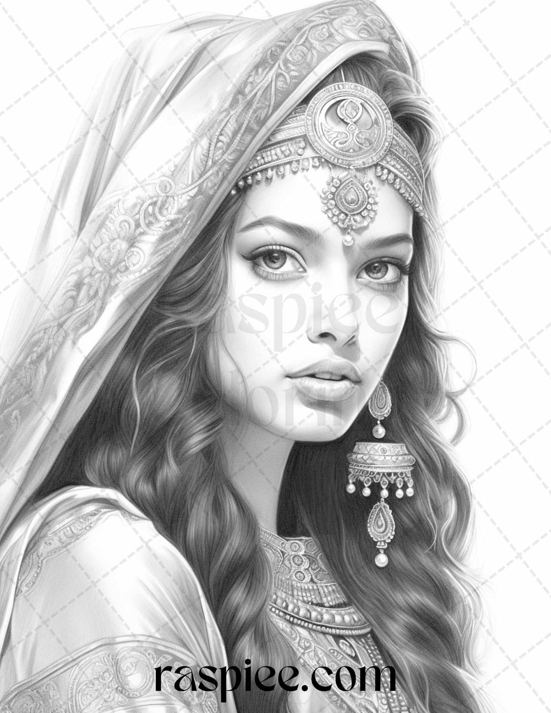 50 Beautiful Indian Women Grayscale Coloring Pages for Adults, Printab