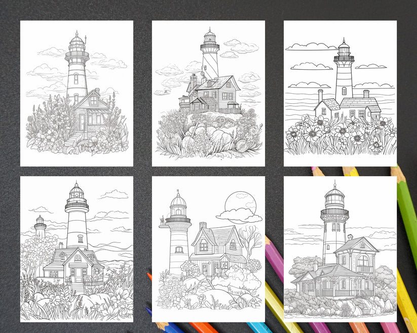 100 Printable Lighthouse Scene Coloring Pages for Adults, Printable PD