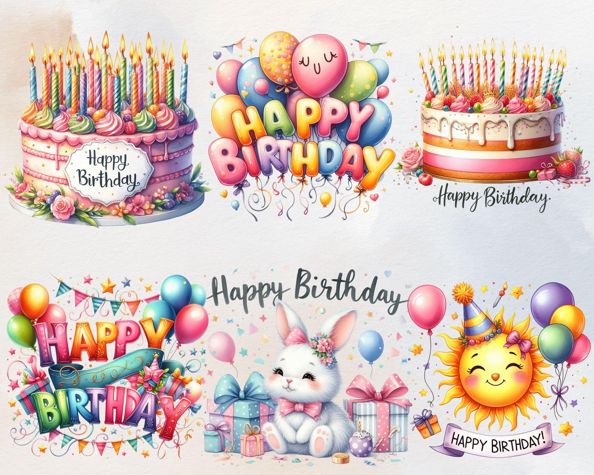 Watercolor Happy Birthday Clipart Bundle, 70 PNG High-Res Files for DI ...