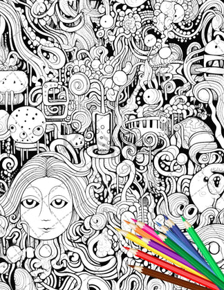 Psychedelic Trippy Coloring Book Printable for Adults, Grayscale Color ...
