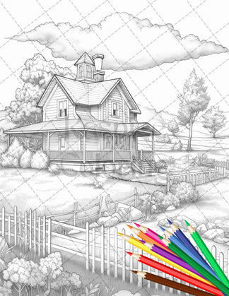 Charming Farmhouse Scenery Grayscale Coloring Pages Printable for Adul ...