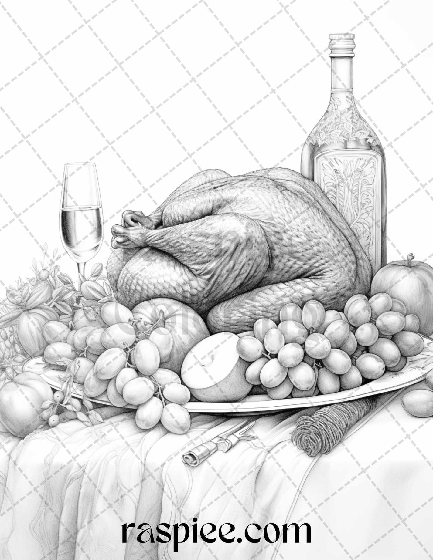 Thanksgiving Dinner Grayscale Coloring Pages for Adults, Relaxing Fall