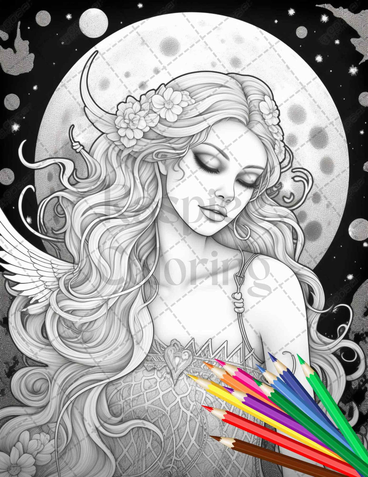 34 Beautiful Moon Fairies Grayscale Coloring Pages Printable for Adult