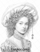 40 Baroque Women Portrait Grayscale Adult Coloring Pages Printable, PD ...