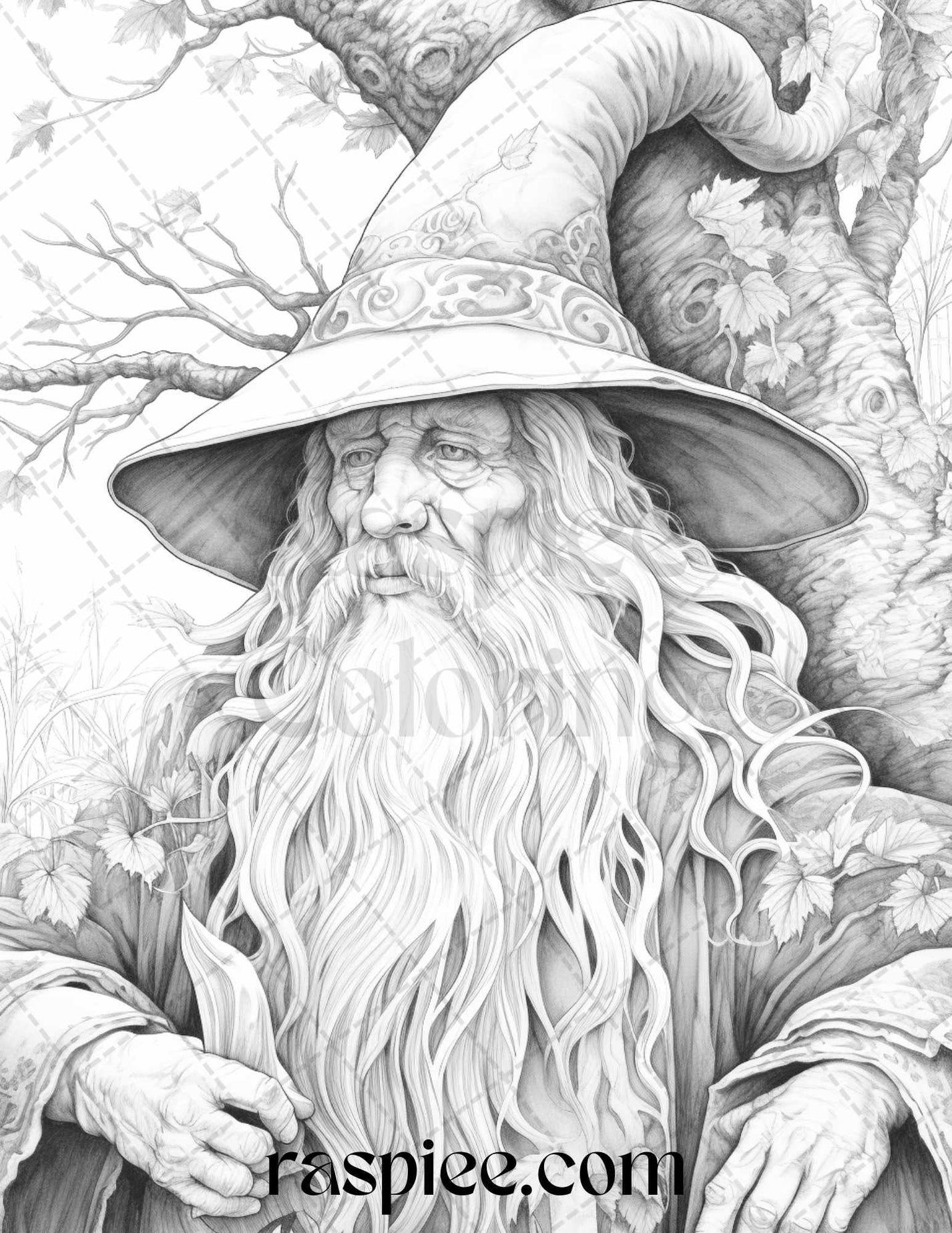 50 Magical Wizard Grayscale Coloring Pages for Adults, Printable PDF F