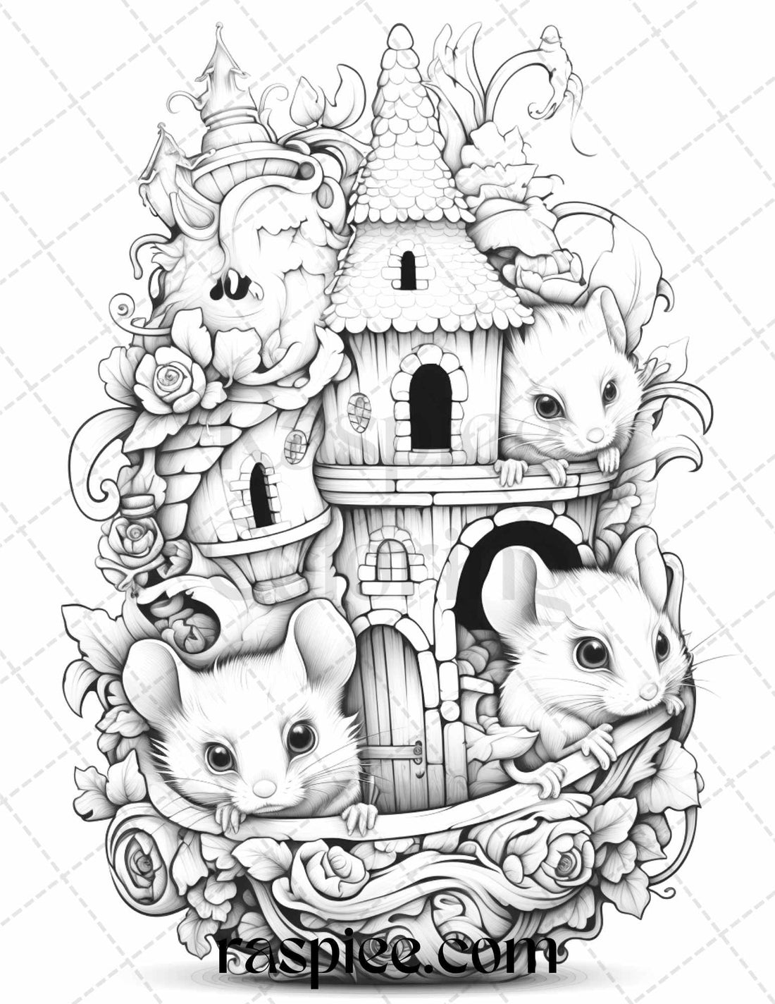 40 Magical Mouse Houses Grayscale Coloring Pages Printable for Adults,
