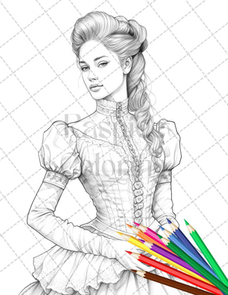 50 Victorian Fashion Grayscale Coloring Pages Printable for Adults, PD ...