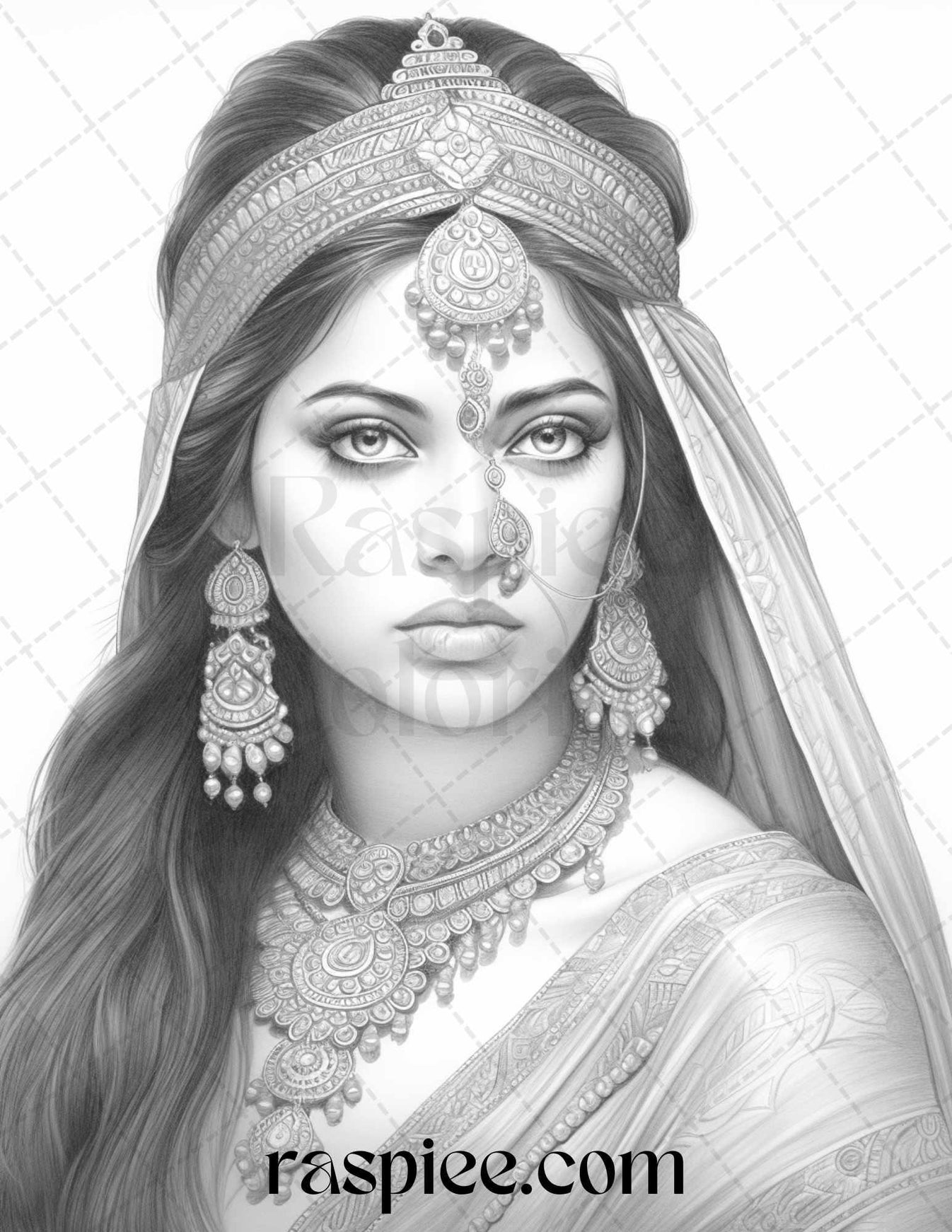 50 Beautiful Indian Women Grayscale Coloring Pages for Adults, Printab