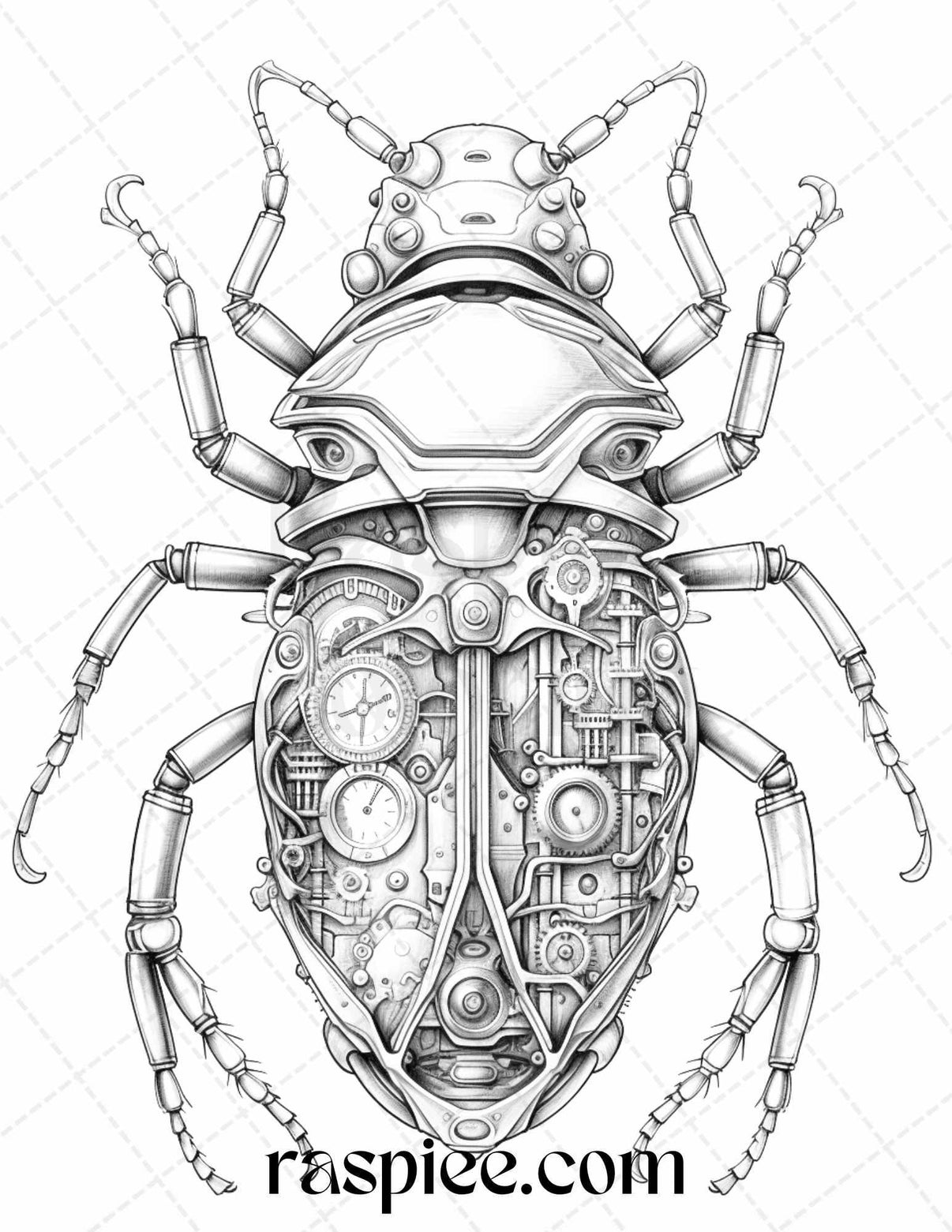 42 Steampunk Bugs Grayscale Coloring Pages Printable for Adults, PDF F