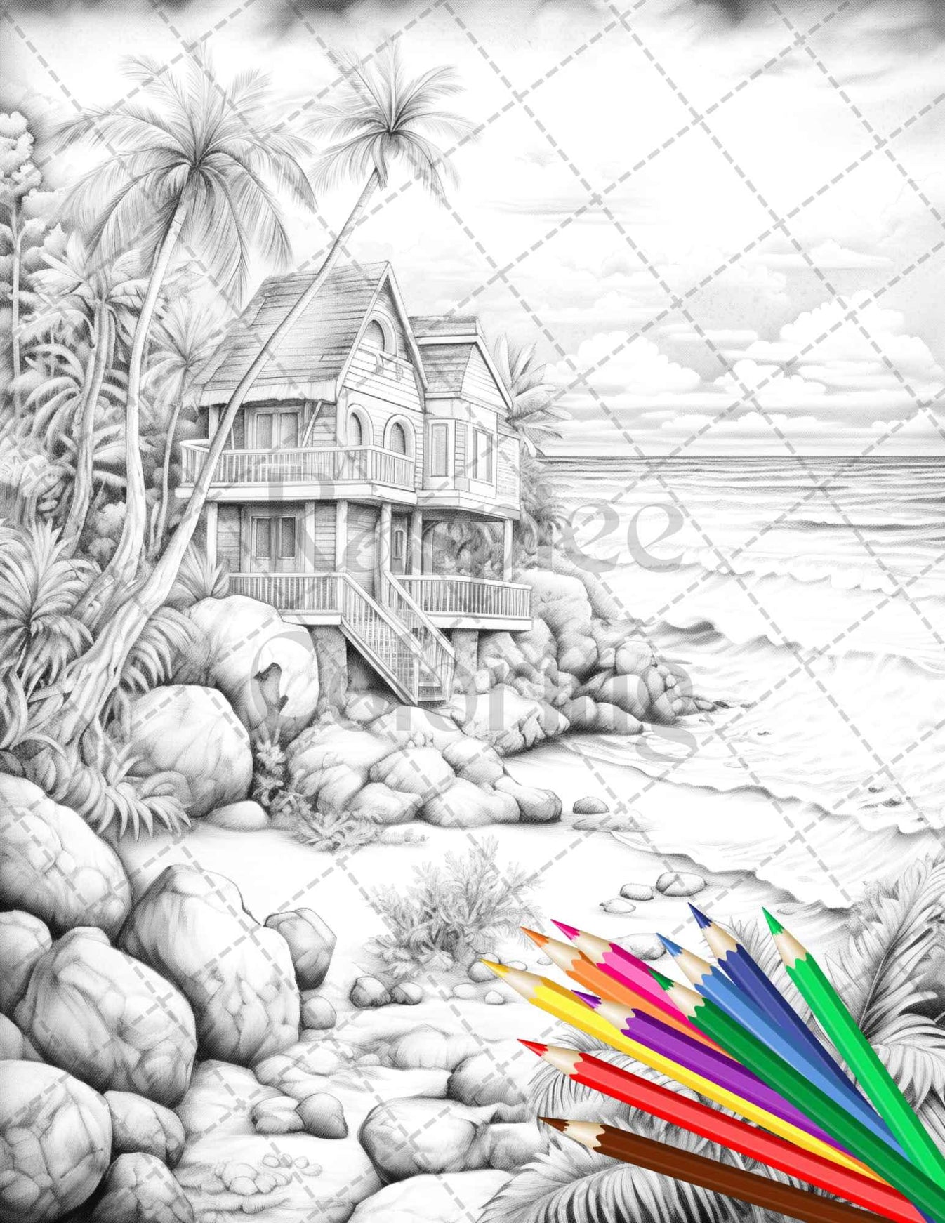 Beautiful Tropical Beach Grayscale Coloring Pages Printable for Adults