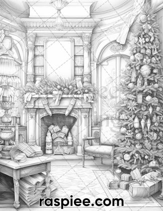 40 Christmas Interior Decorations Grayscale Coloring Pages for Adults ...